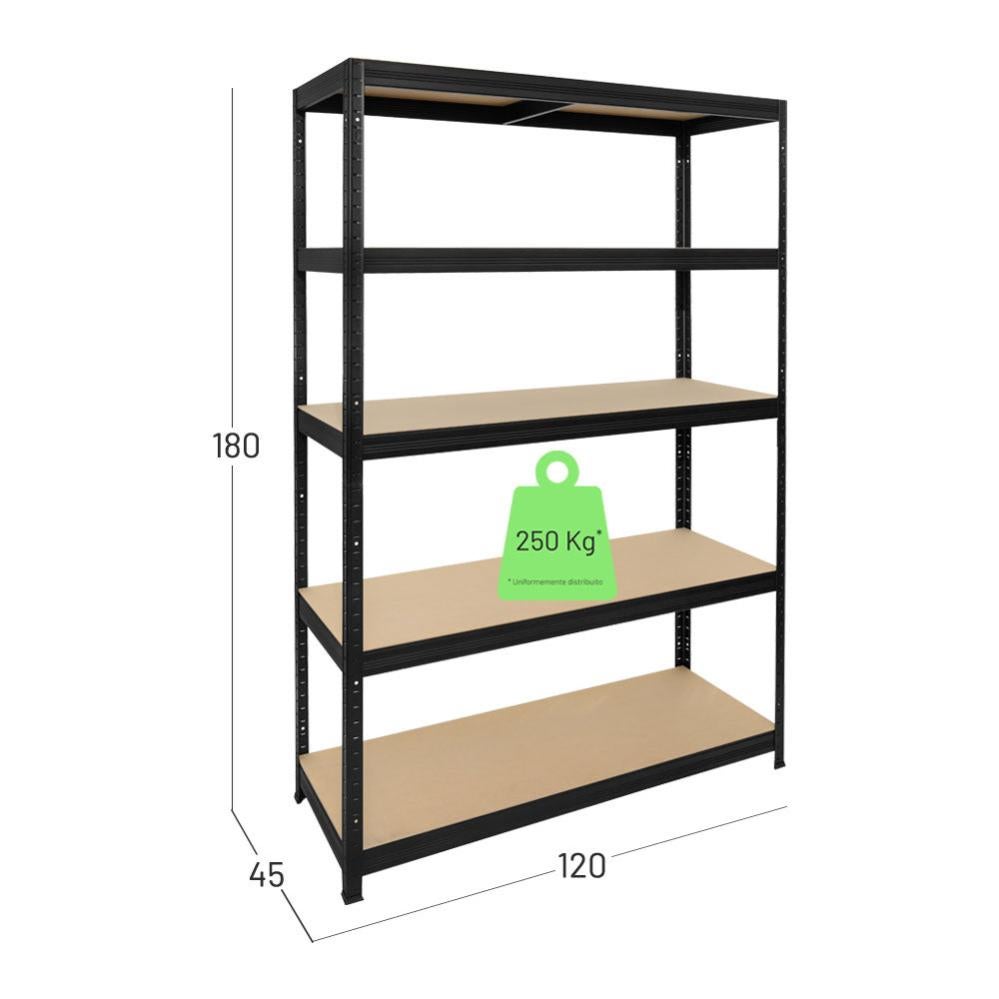 Scaffale legno metallo NERO 120x45x180h 5 ripiani Portata 1250 Kg ...