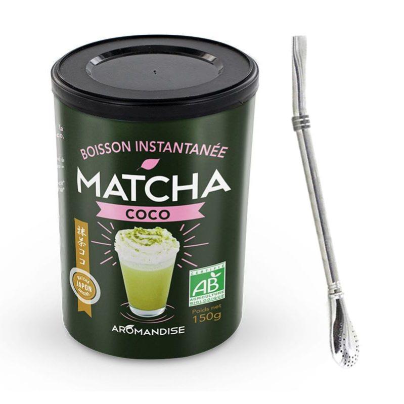Bevanda istantanea tè Matcha coco 150 g + cannuccia in acciaio inox con ...