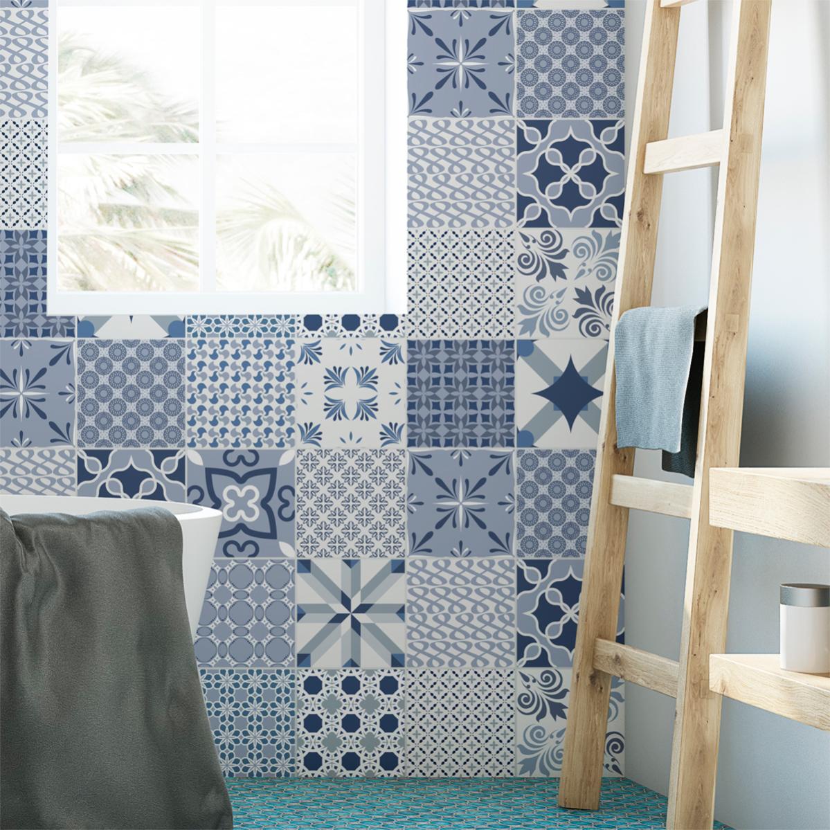 Sticker Mural Carrelage adhésif Cuisine Salle de Bain - 16 STICKERS CARREAUX DE CIMENT ...