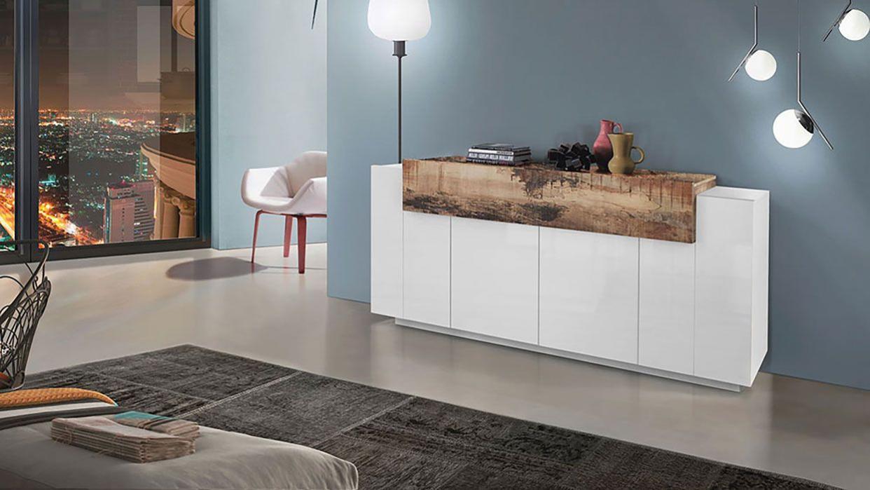 Madia moderna di design con ribalta in finitura Bianco lucido e Pero ...
