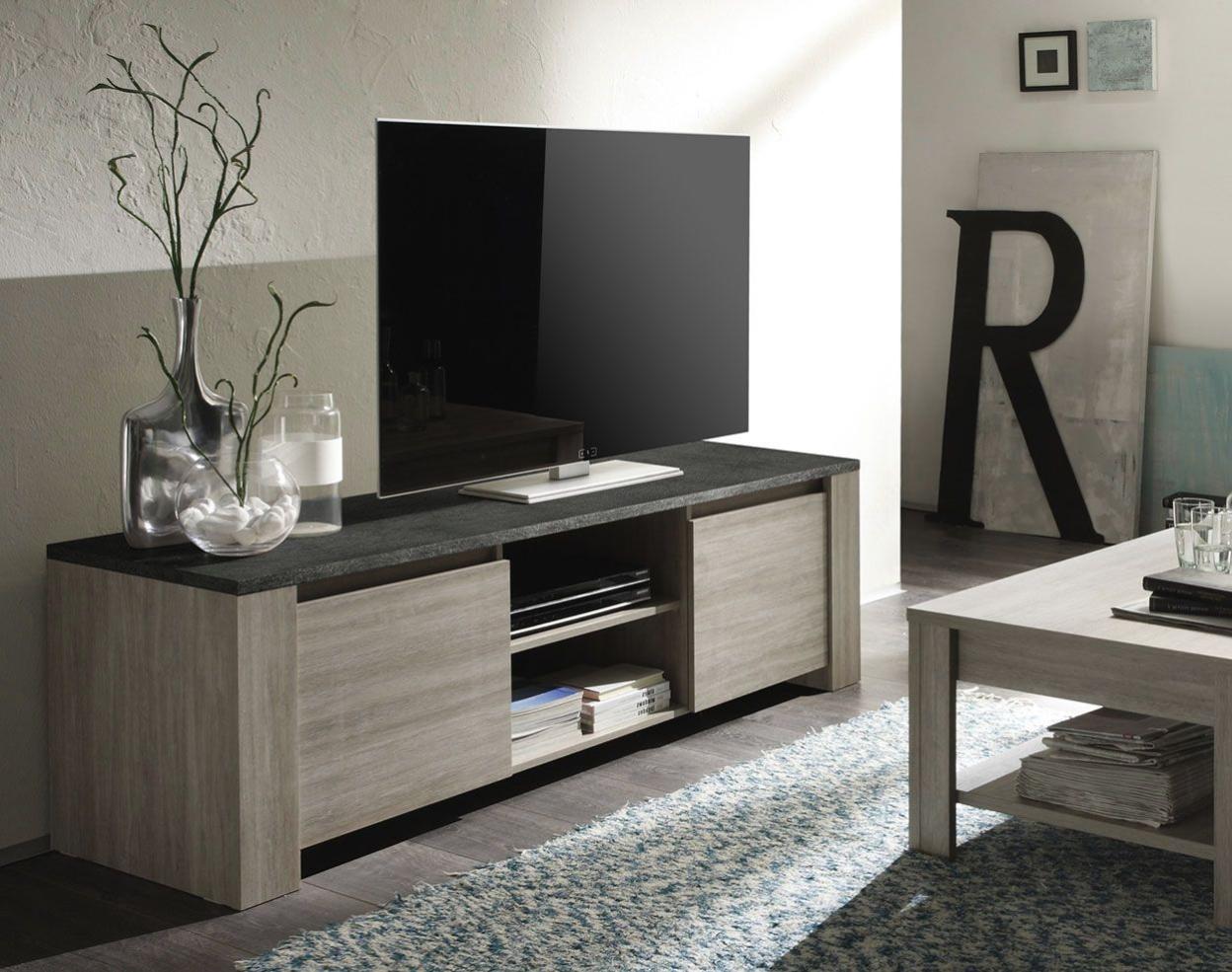 Porta TV moderno 2 ante e vani a giorno, finitura Rovere Grigio con Top ...