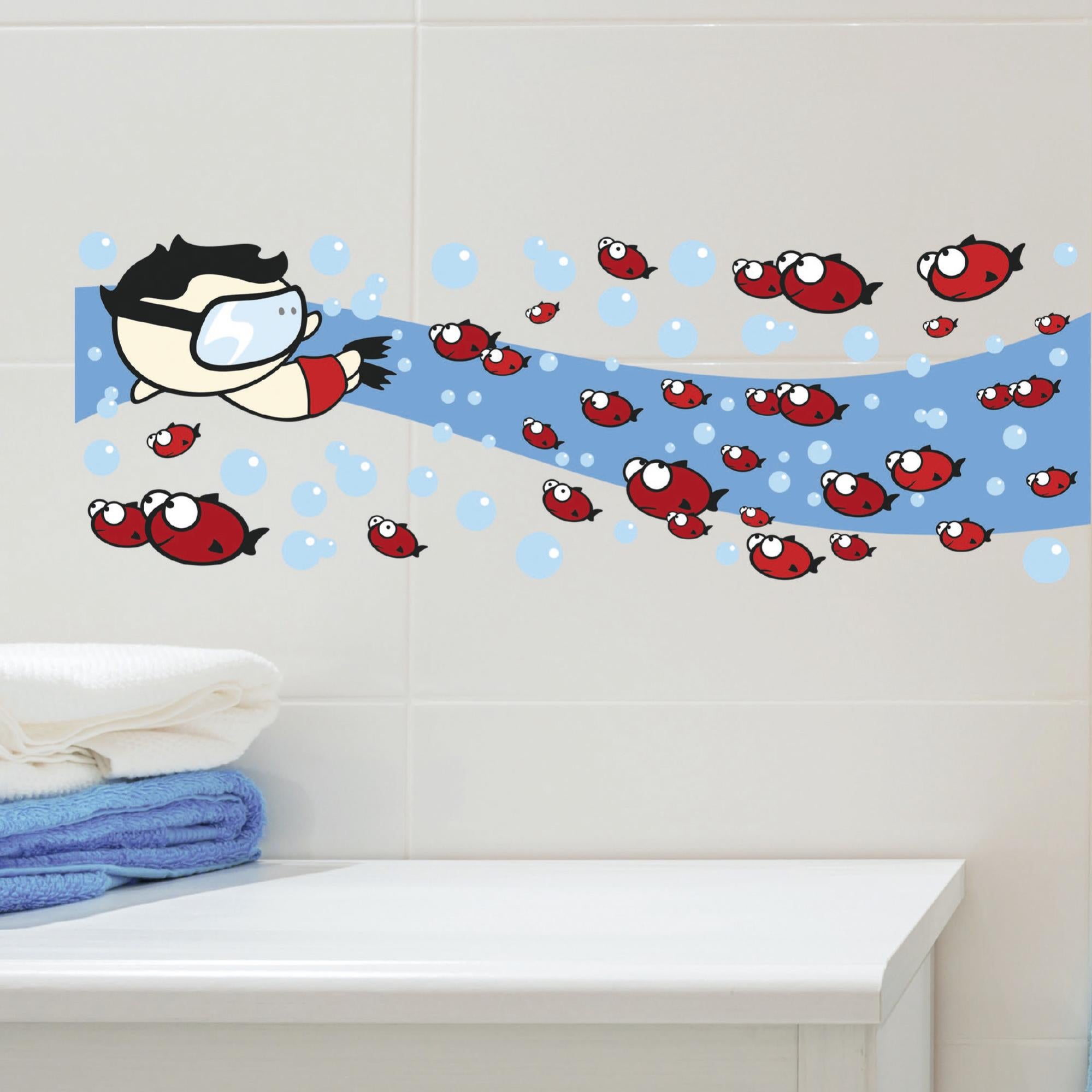 Sticker autocollant décoratif, poissons rouges qui suivent un nageur au ...