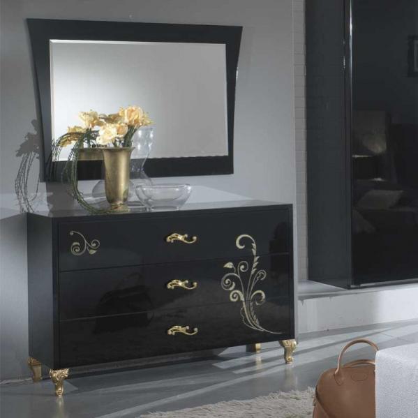 Commode 3 tiroirs et miroir Laque Noir Brillant / Or - SEBORGA ...