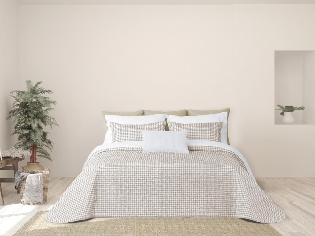 Couvre-lit imprimé vichy - 230 x 250 cm - 100 g/m² - Beige et Blanc ...