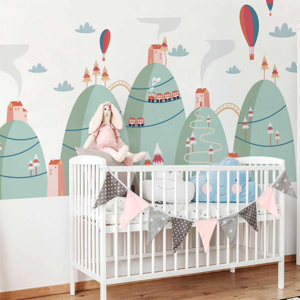 Vinilo niño escandinavo de montaña globos de aire caliente en el ...