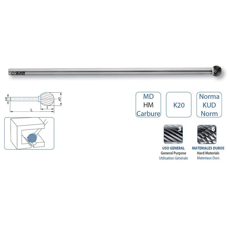 IZAR 55841 - Fresa rotativa metal duro norma-kud esferica larga 08.00x06.00 mm dent.3 | Leroy Merlin