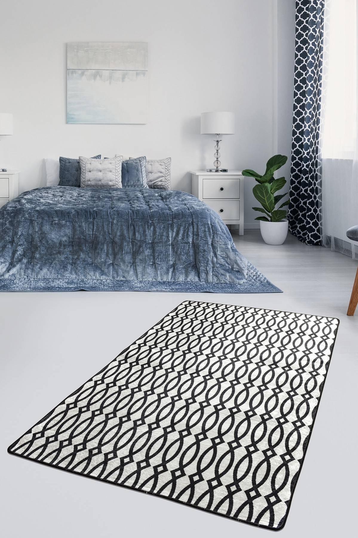 Tapis Catura 150x200cm Velours Motif Géométrique arabesque Noir et ...