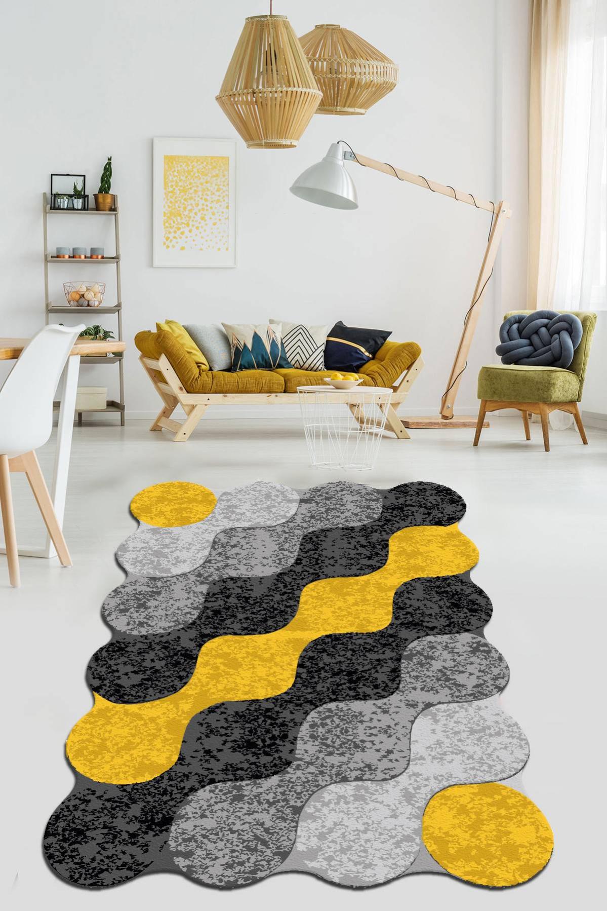 Tapis Ferano 80x100cm Velours Motif Cercles combinés Jaune, Noir et ...