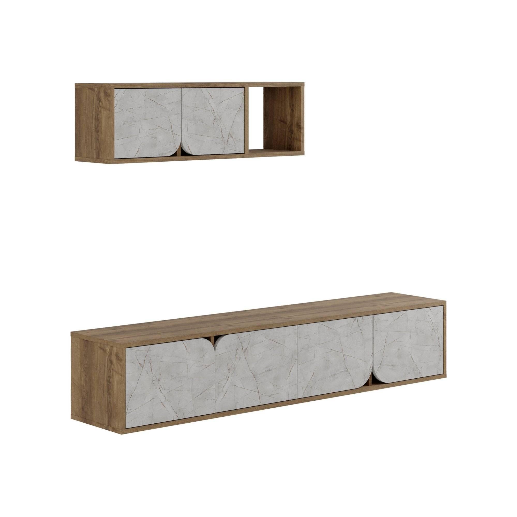 Ensemble meuble TV et étagère murale Raika Bois Naturel et Gris effet ...