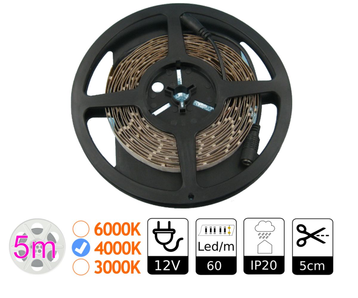 Striscia LED 5 metri 12V IP20, luce neutra 4000K, 300 LED, SMD2835 ...