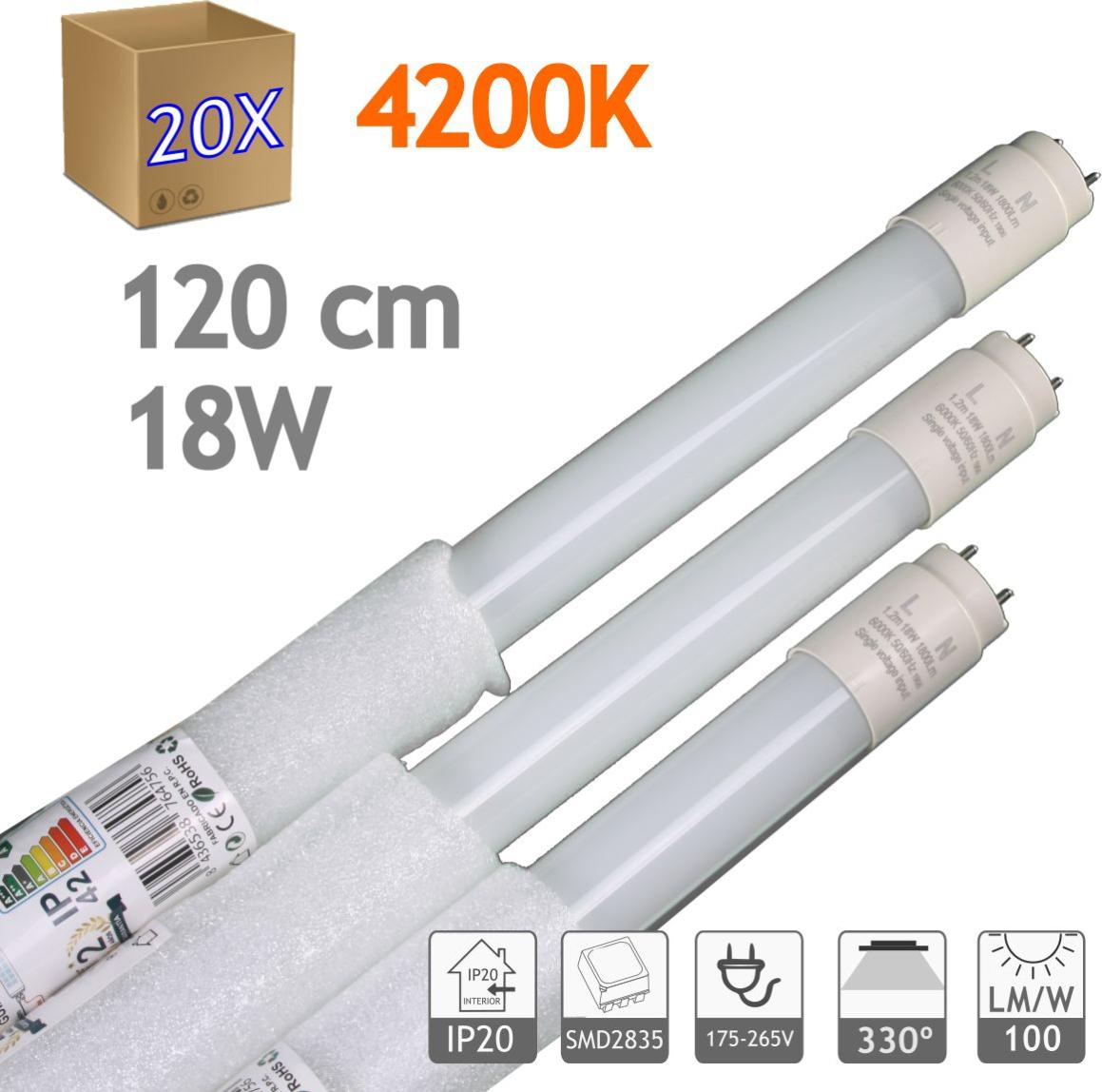 Pack 20 Tubes LED 120cm 18W, Blanc Neutre 4200K, 2160 Lumens ...