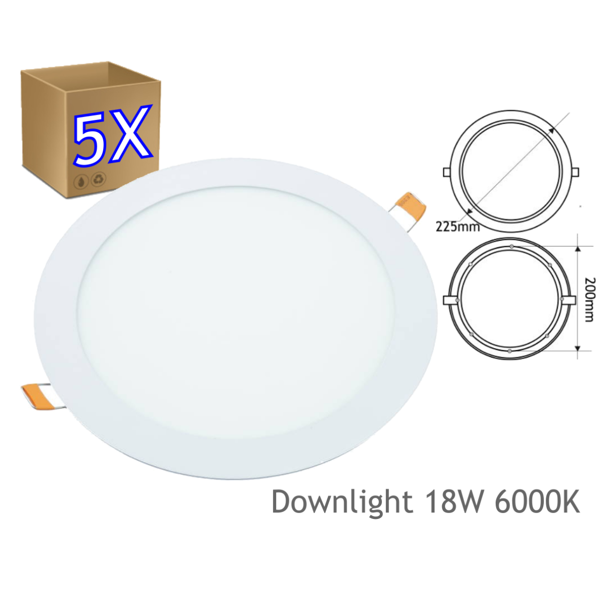 Pack x5 Incasso Faretti LED, 18W 1440 Lumen, Rotondo, Foro Incasso Ø 200-Ø 205 mm, Extra-sottile ...