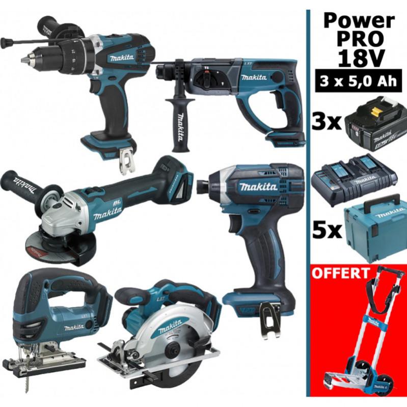 Pack Makita Power PRO 6 outils 18V: Perceuse DHP458 DHR202 DGA504 ...