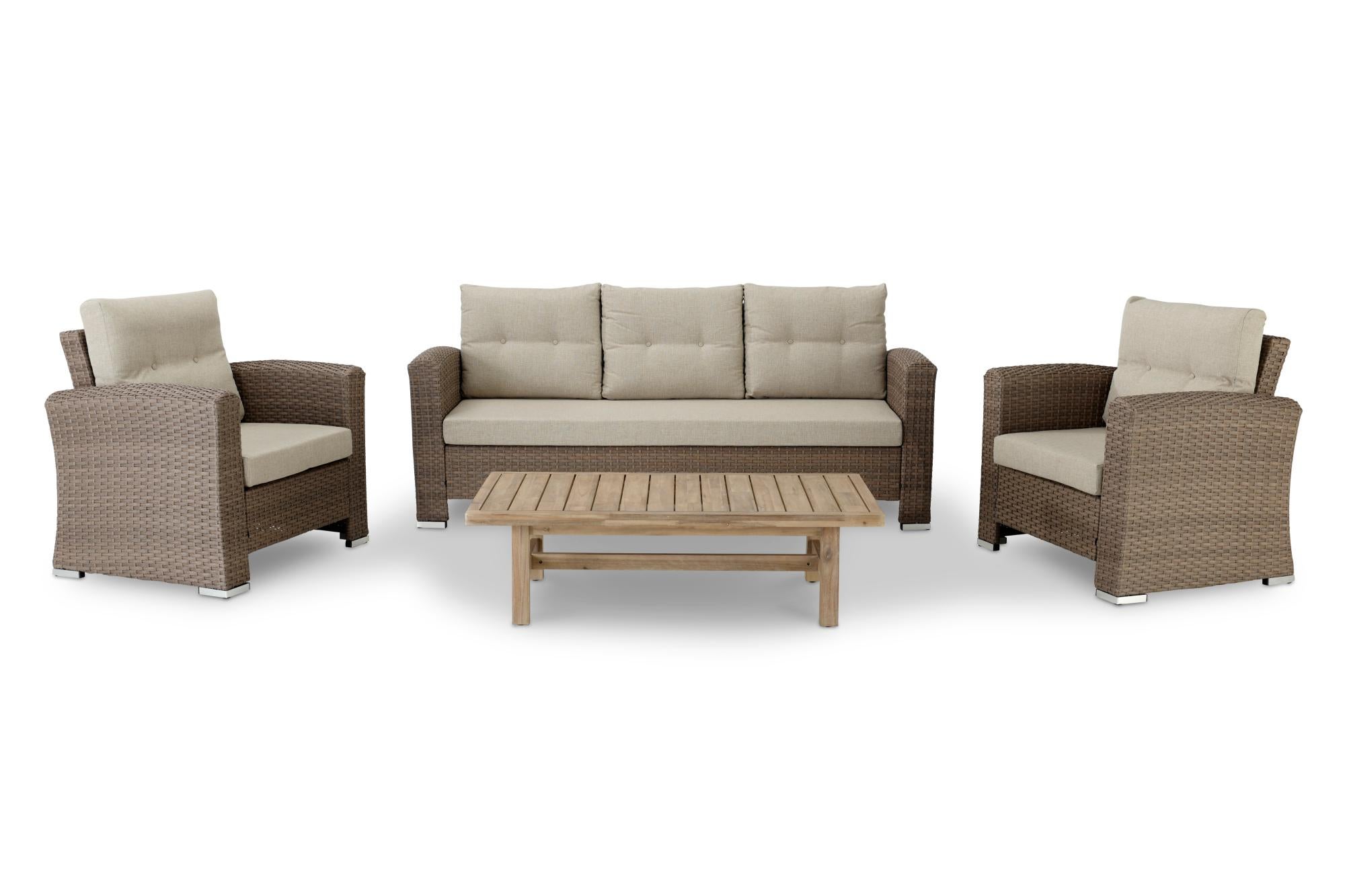 Conjunto de jardim 1 sofá de 3 lugares + 2 poltronas sintéticas de vime e alumínio + 1 mesa ...