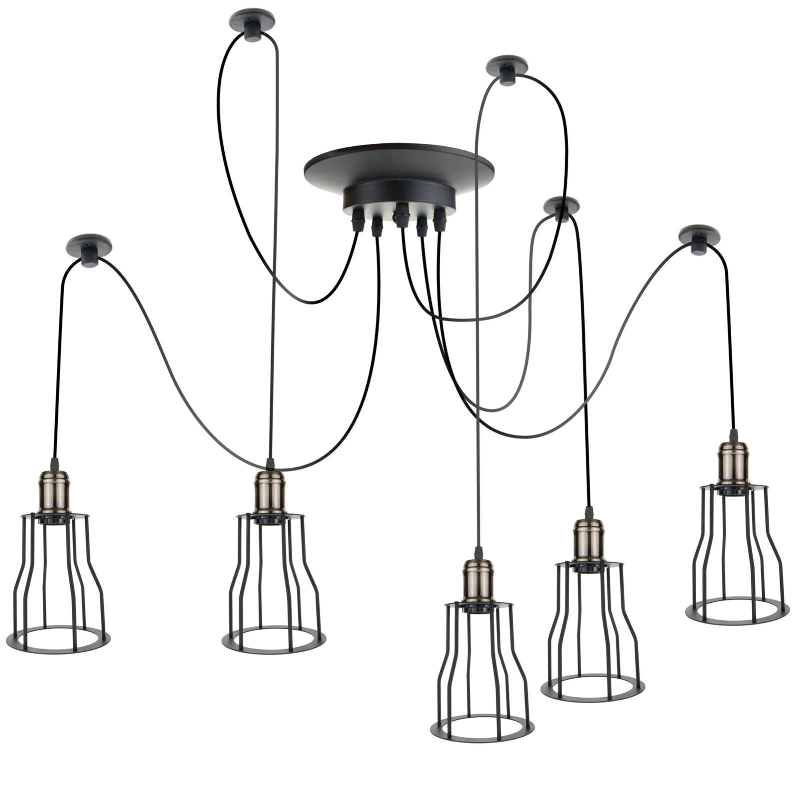 Lustre suspendu cage longue E27 5 ampoules 3m câble noir | Leroy Merlin