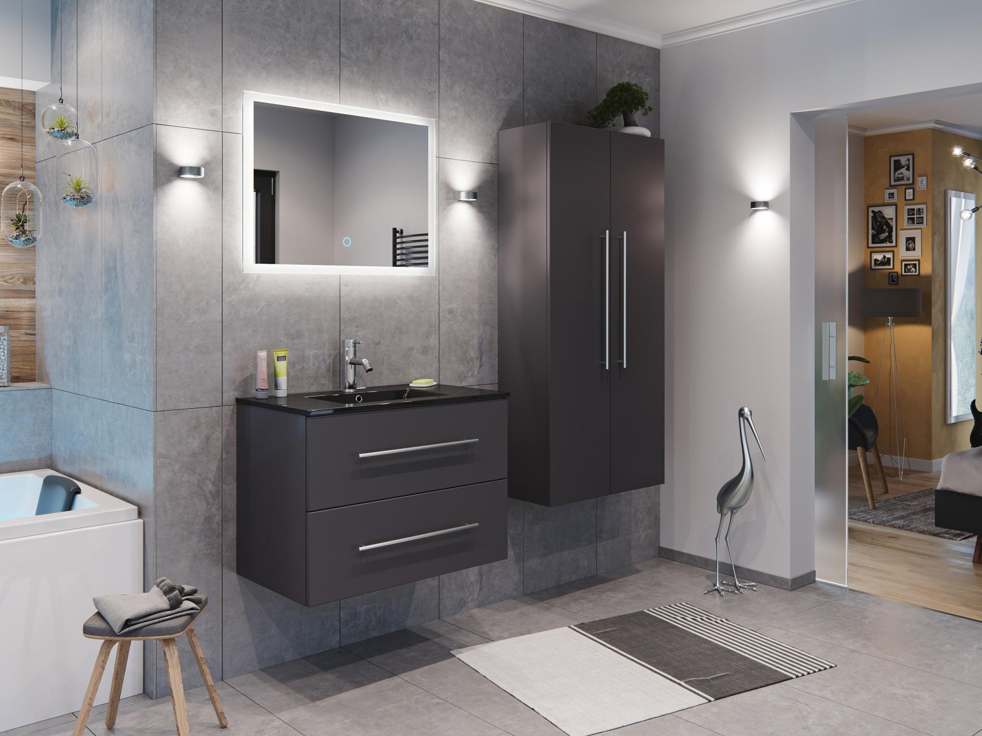 Ensemble de SDB 80 vasque noir (4 Pièces/B) en anthracite satiné avec miroir LED | Leroy Merlin