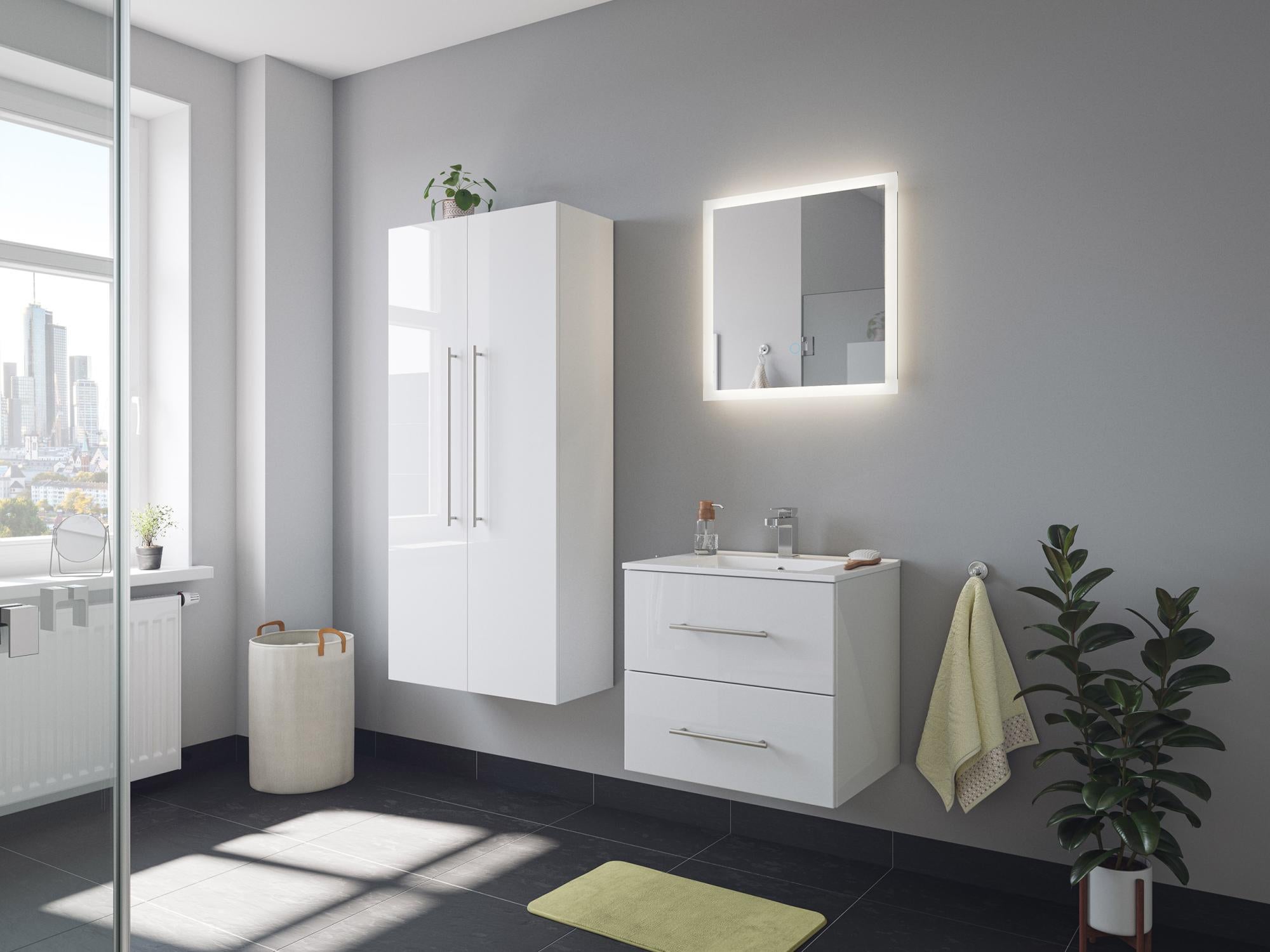 Ensemble de SDB FIRENZE 60 (4 Pièces/B) en blanc brillant avec miroir ...