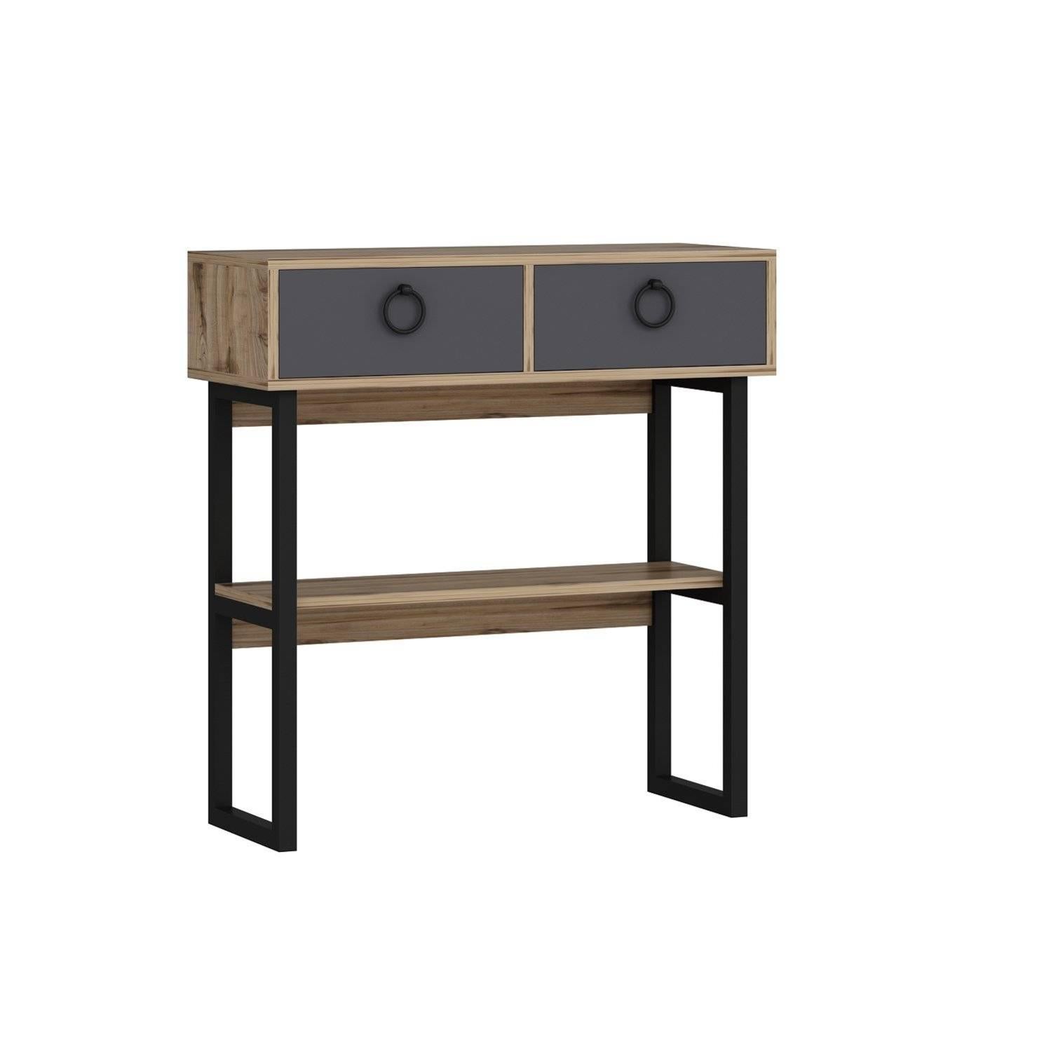 Console 2 tiroirs Naihi L90cm Métal Noir et Bois foncé et Anthracite ...