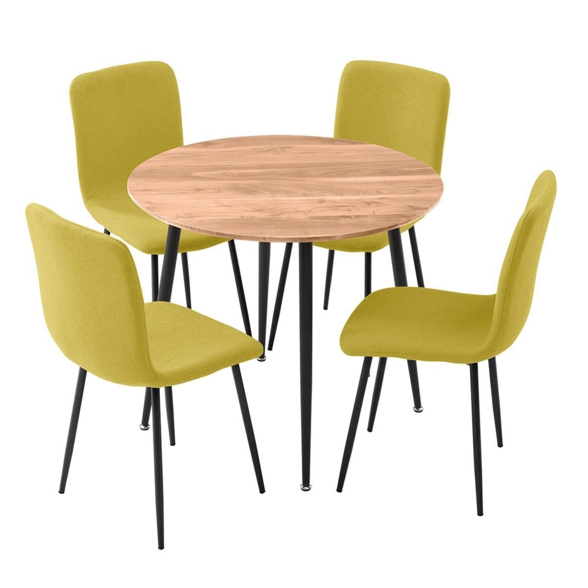 HANOI - Ensemble Table Ronde 110 Effet Bois + 4 Chaises Jaunes | Leroy ...