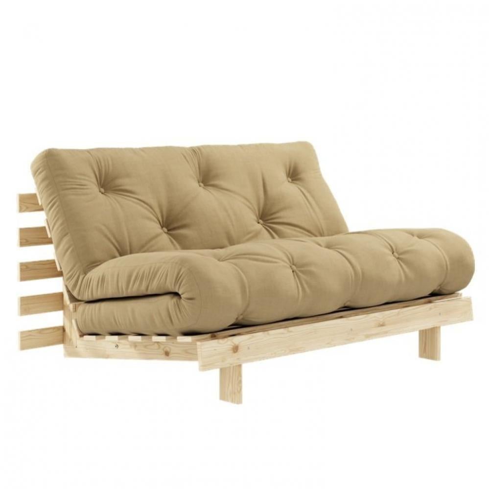 Canapé convertible futon ROOTS pin naturel tissu Beige blé couchage 160 ...