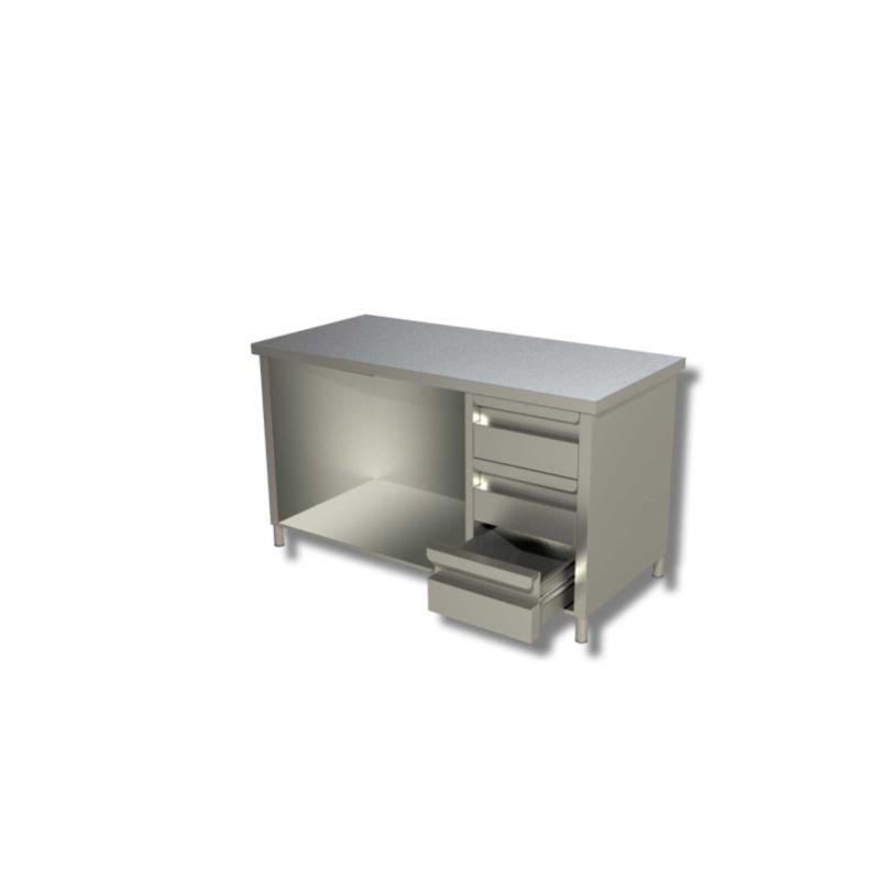 Table sur armoire ouverte avec 1 etagere et 3 tiroirs a droite ...