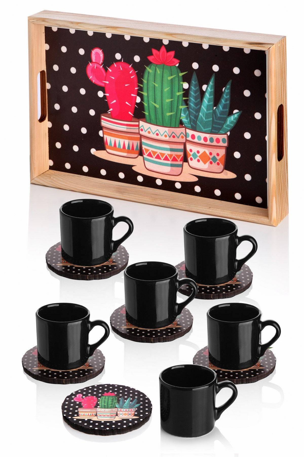 Set de 6 tasses de café Hira Céramique Noir avec sous-tasses et plateau ...