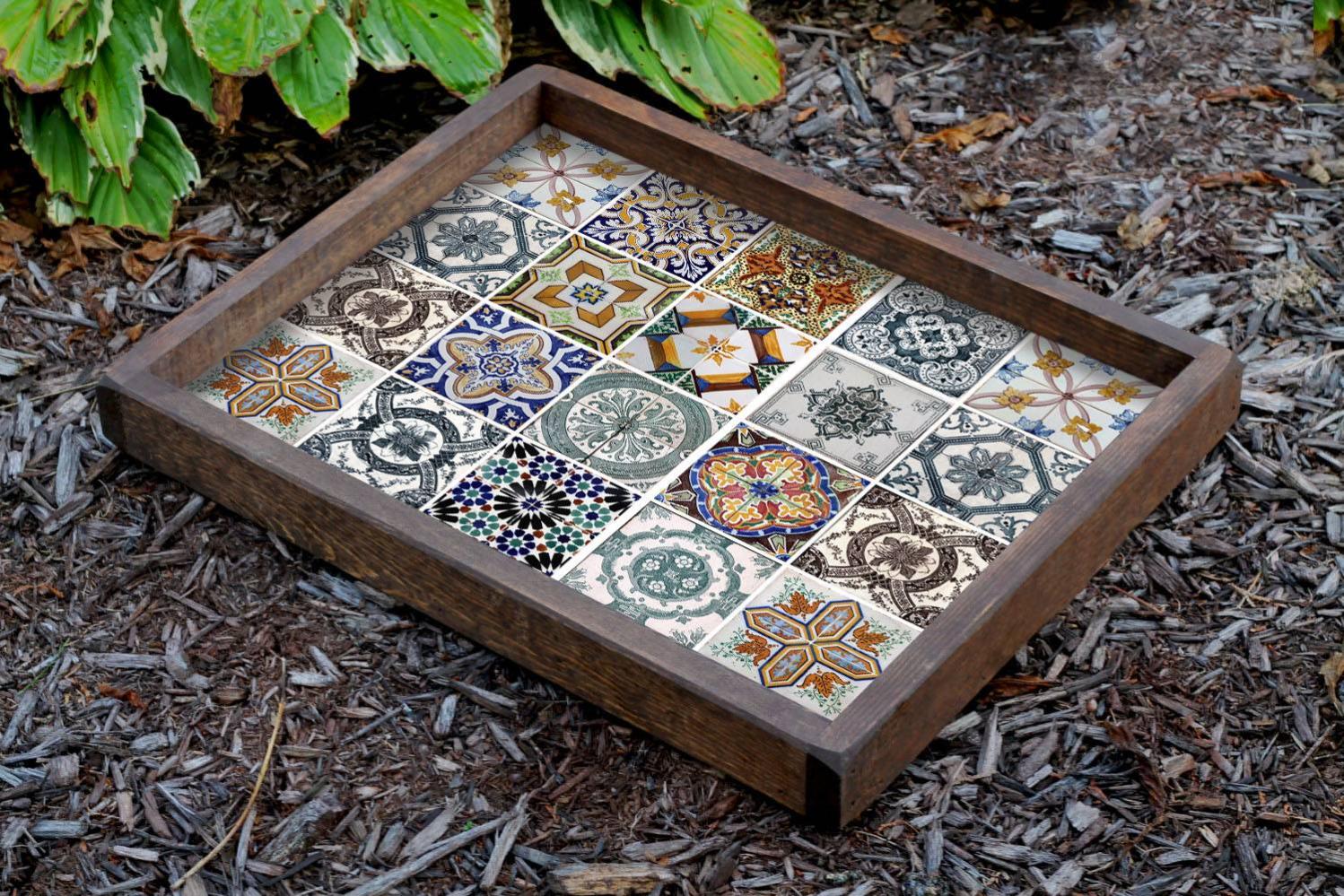 Plateau de table rectangle fond imprimé carreaux portugais Caupona ...