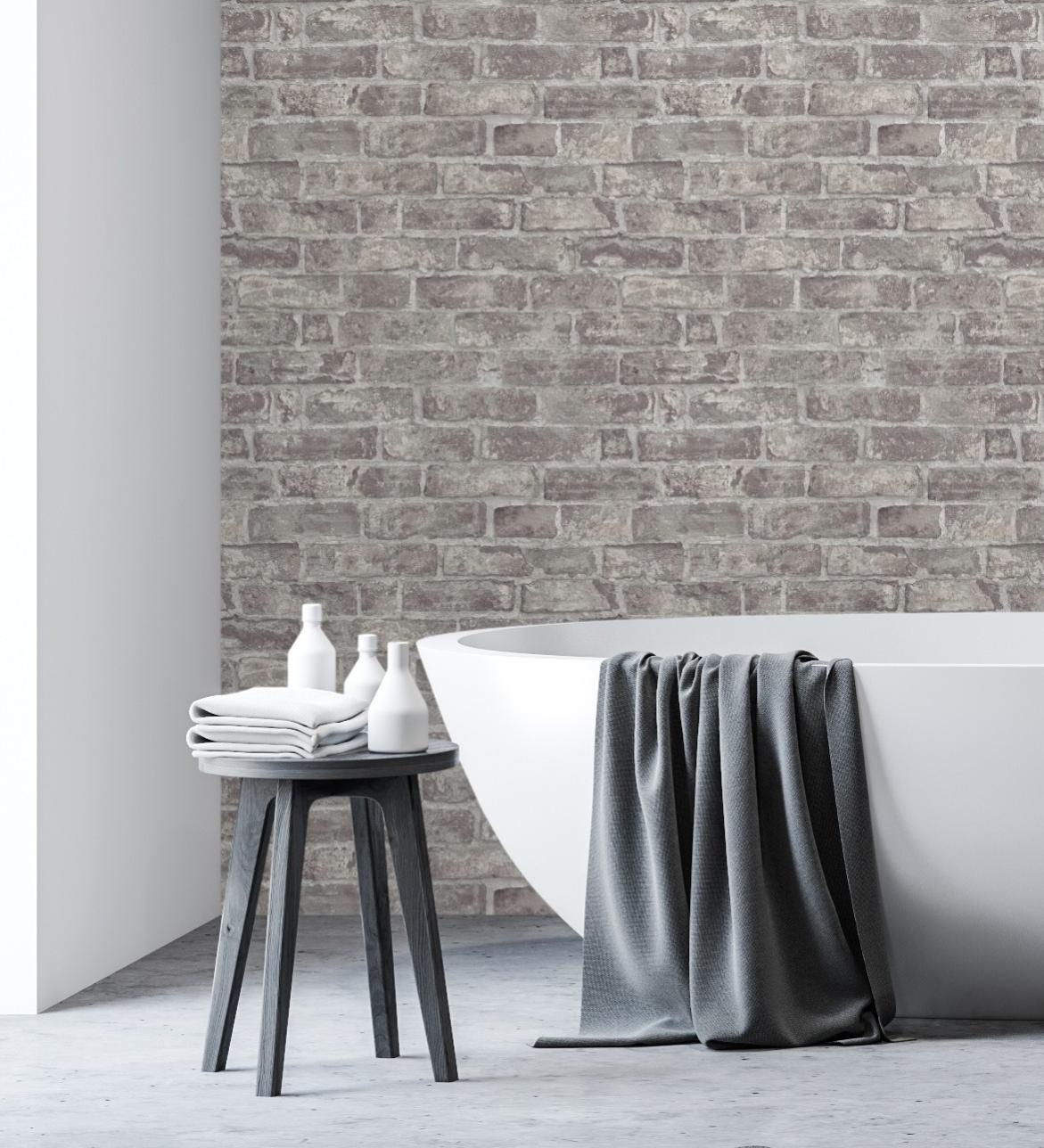 Papel pintado vinílico lavable efecto muro de ladrillos gris con ...
