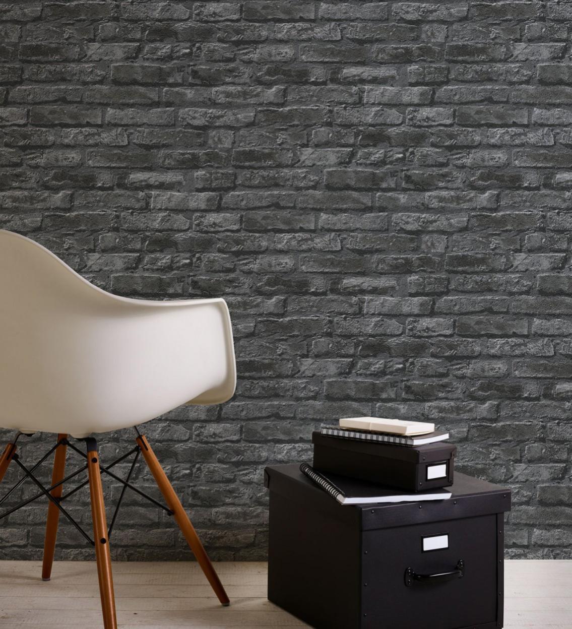 Carta da parati effetto imitazione mattone nero e grigio scuro ...