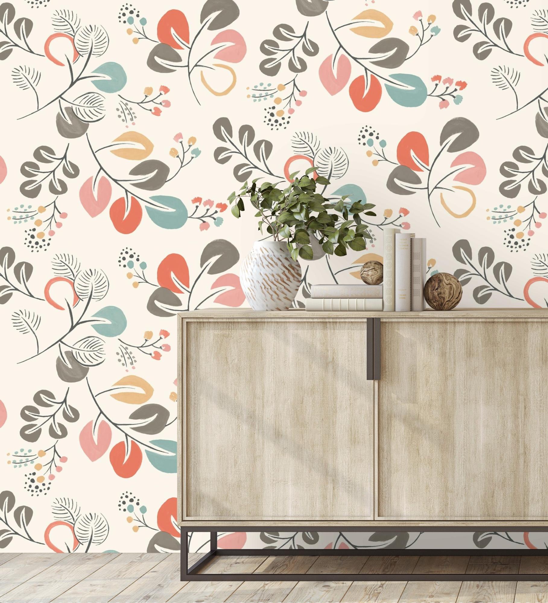 Papel pintado vinílico ecológico de hojas de estilo nórdico tonos coral ...