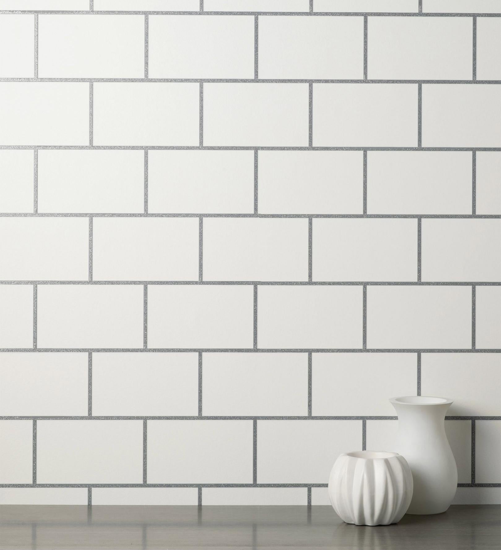 Papel pintado vinílico lavable azulejos blancos con líneas metalizadas ...