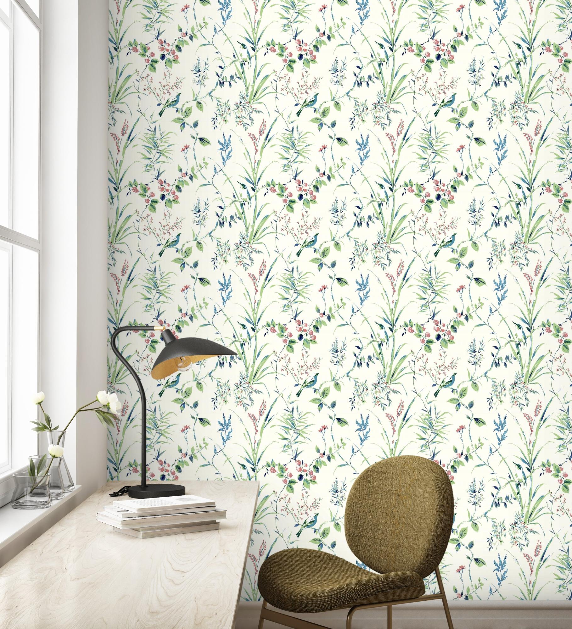 Carta da parati in vinile ecologico di rami fiori e uccelli - Alison ...