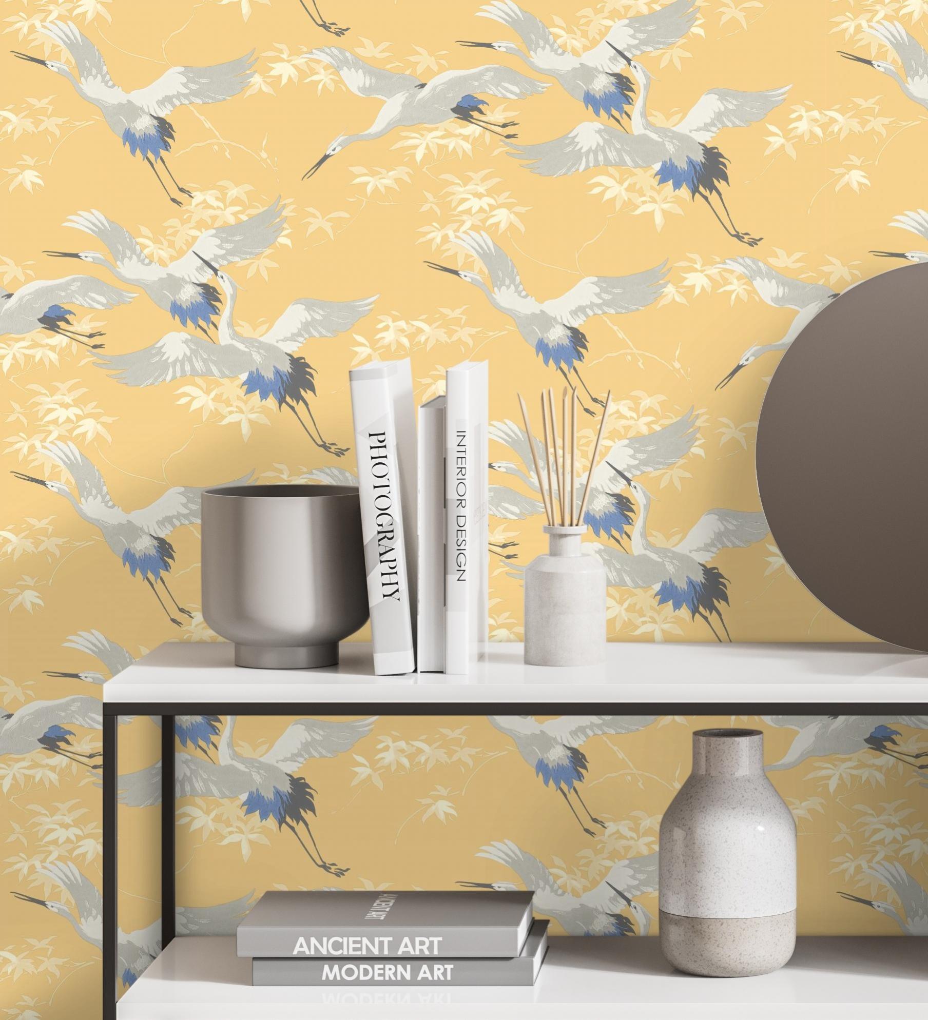 Carta da parati lavabile di uccelli aironi cenerini stile orientale ...