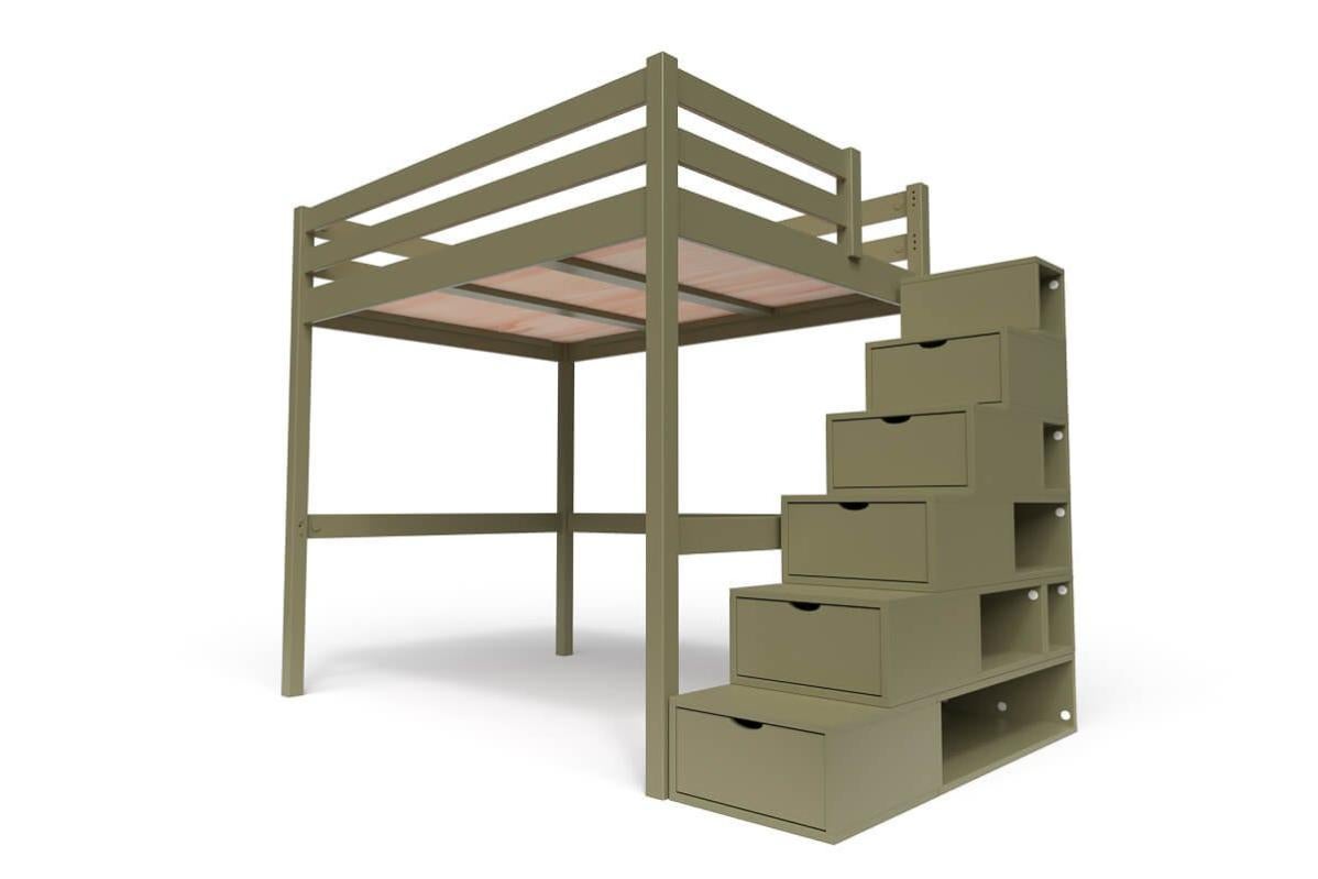 Lit Mezzanine bois avec escalier cube Sylvia 140x200 Vert | Leroy Merlin