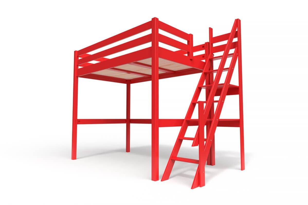 Lit Mezzanine bois avec escalier de meunier Sylvia 120x200 Rouge ...