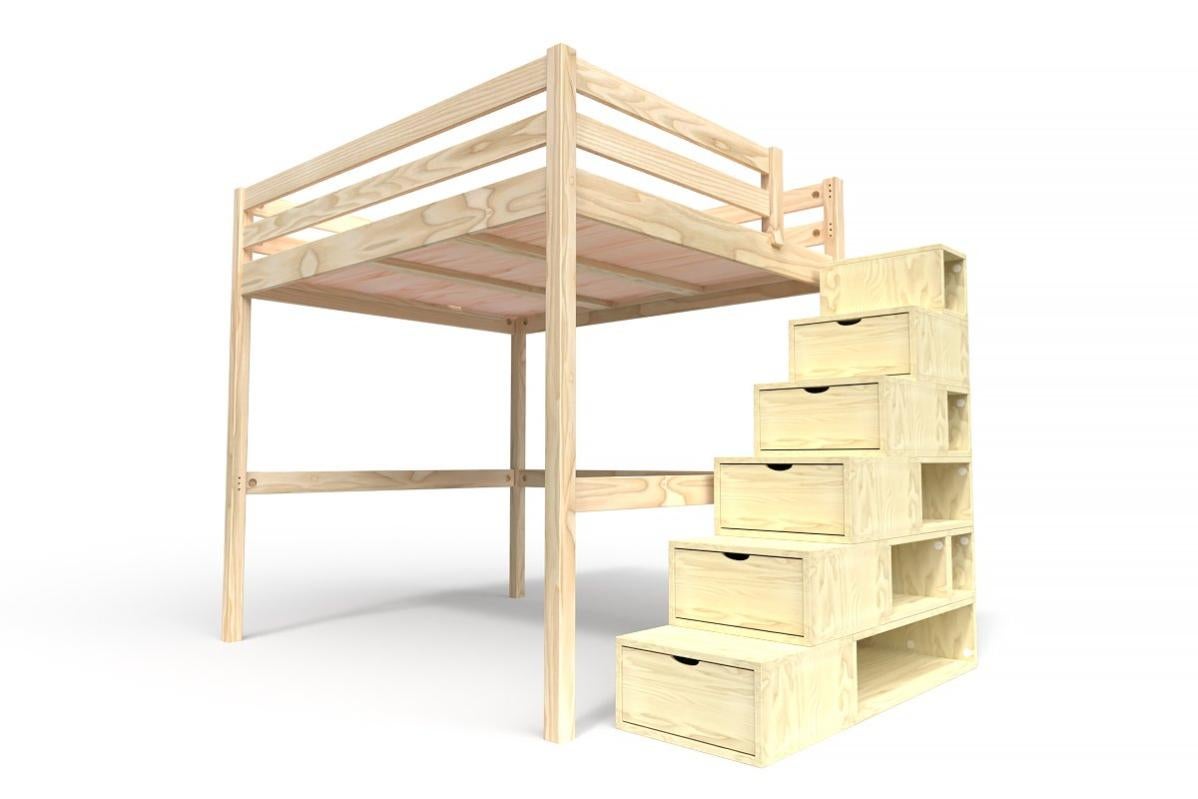 Letto a soppalco legno con scala cubo Sylvia, Colore: Legno Grezzo ...