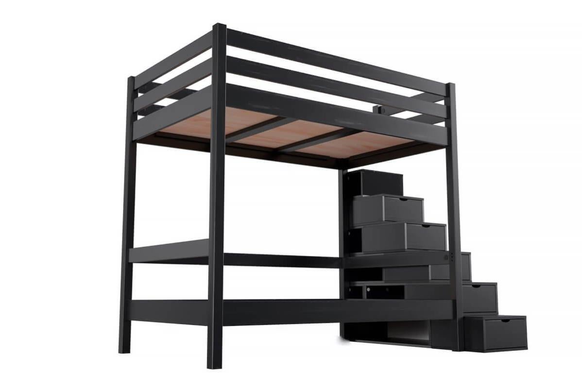 Letto a castello 4 persone adulti legno scale cubo Sylvia, Colore: Nero ...