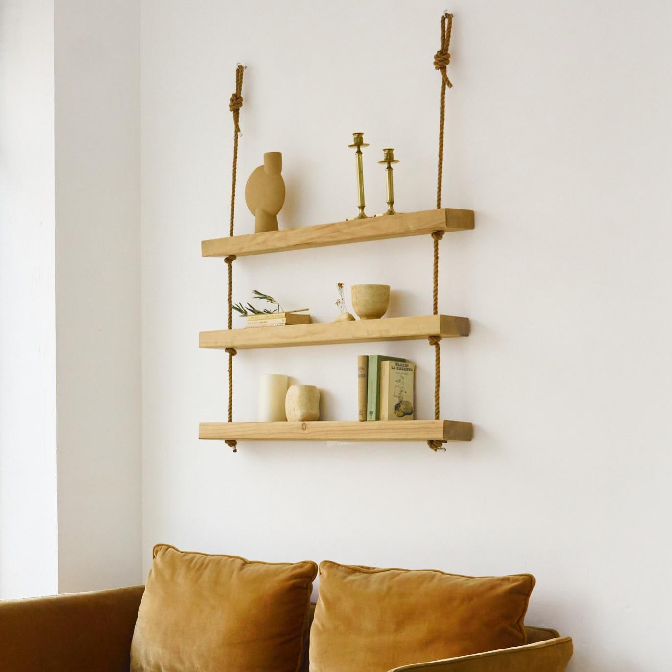 MAKEMBA Scaffalatura pensile in legno massiccio e corda di canapa color ...