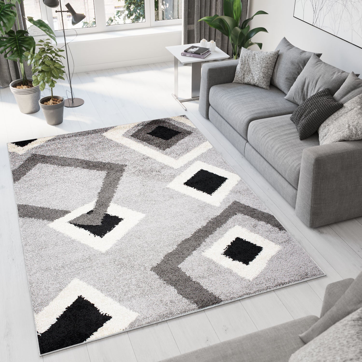 TAPISO Delhi Tapis de Salon Chambre Ado Gris Noir Blanc Carreaux Shaggy ... TAPISO Delhi Tapis de Salon Chambre Ado Gris Noir Blanc Carreaux Shaggy ...