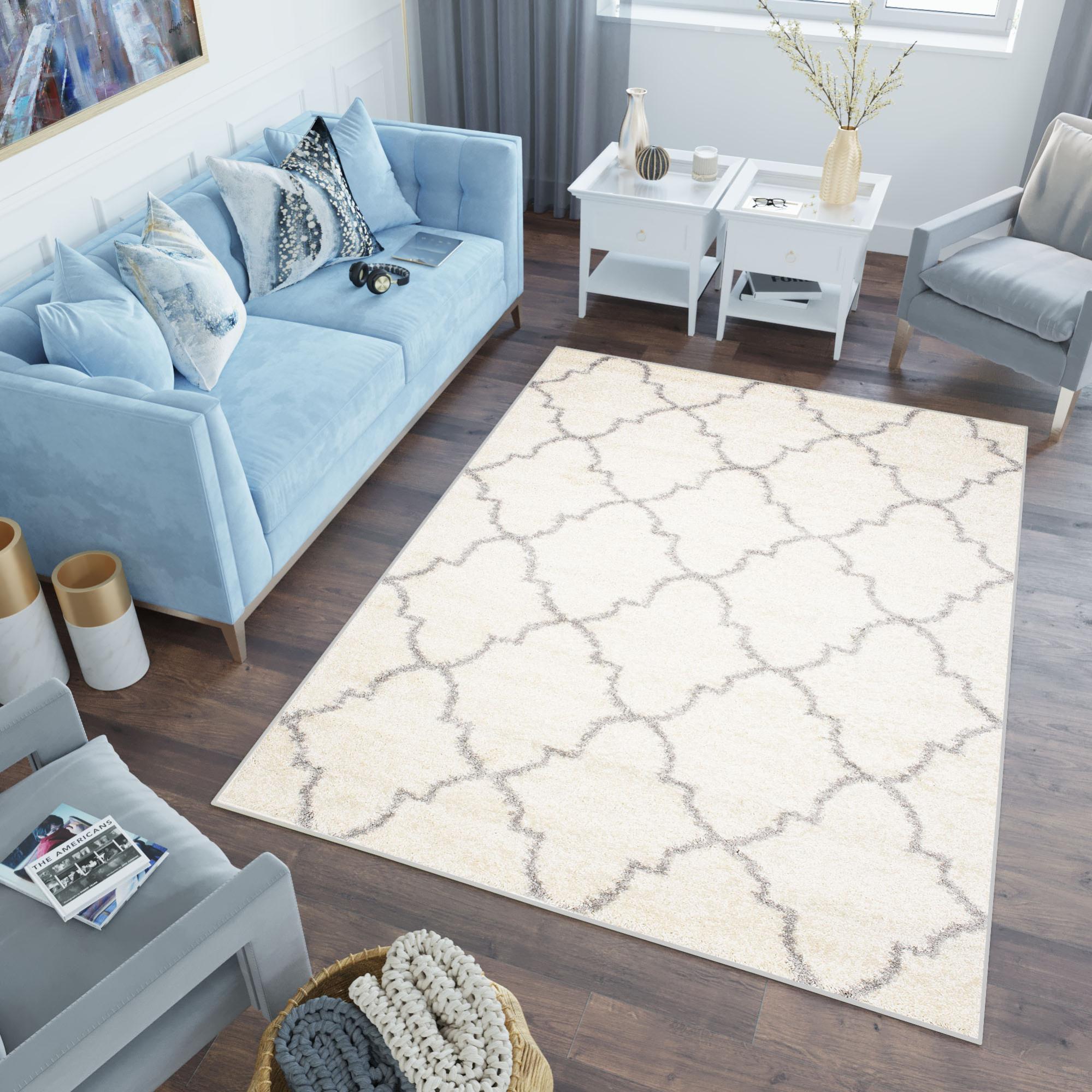 TAPISO Delhi Alfombra de Salón Habitación Crema Gris Claro Pelo Largo ...