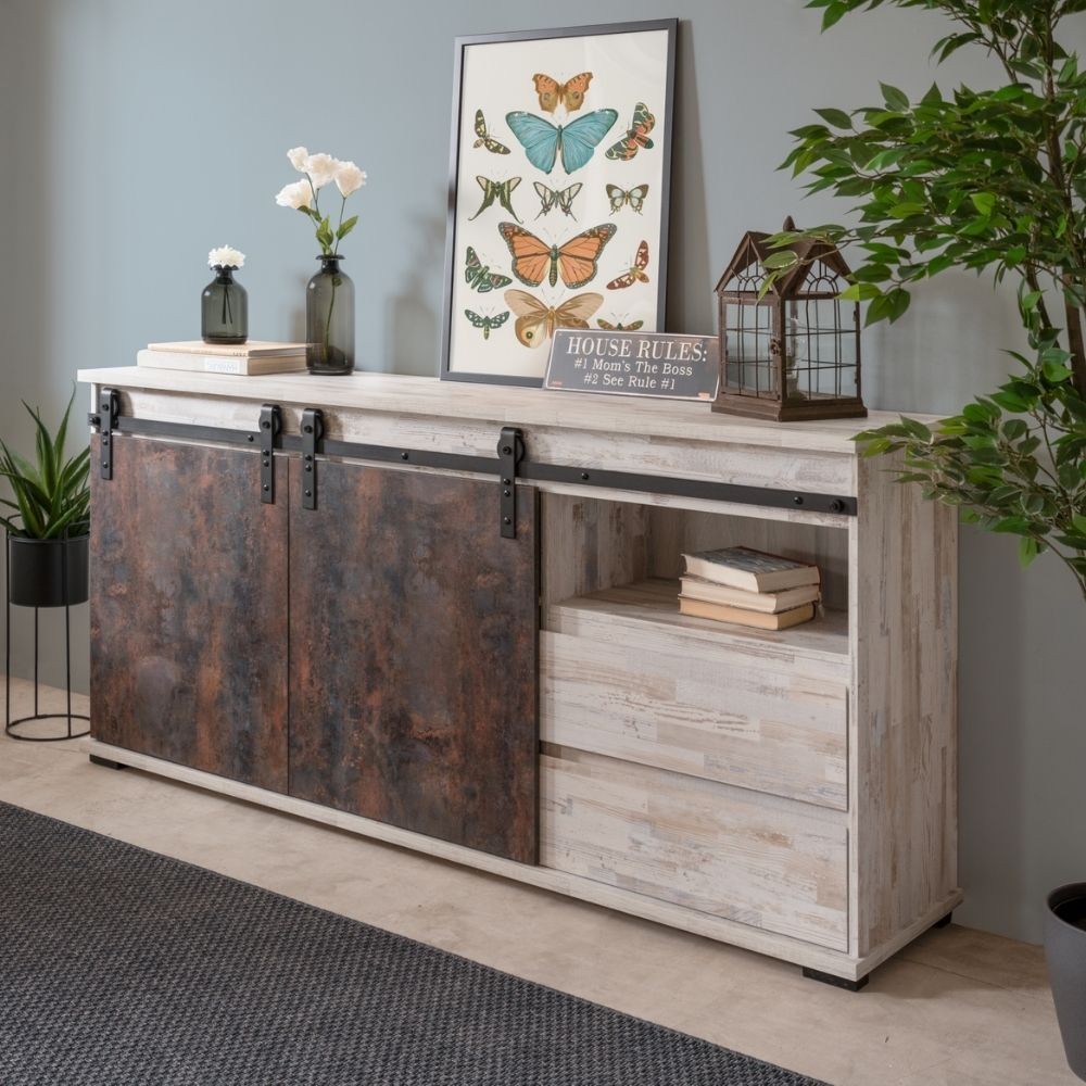 Madia pino sbiancato 2 ante scorrevoli e cassetti Sevilla 51A | Leroy ...