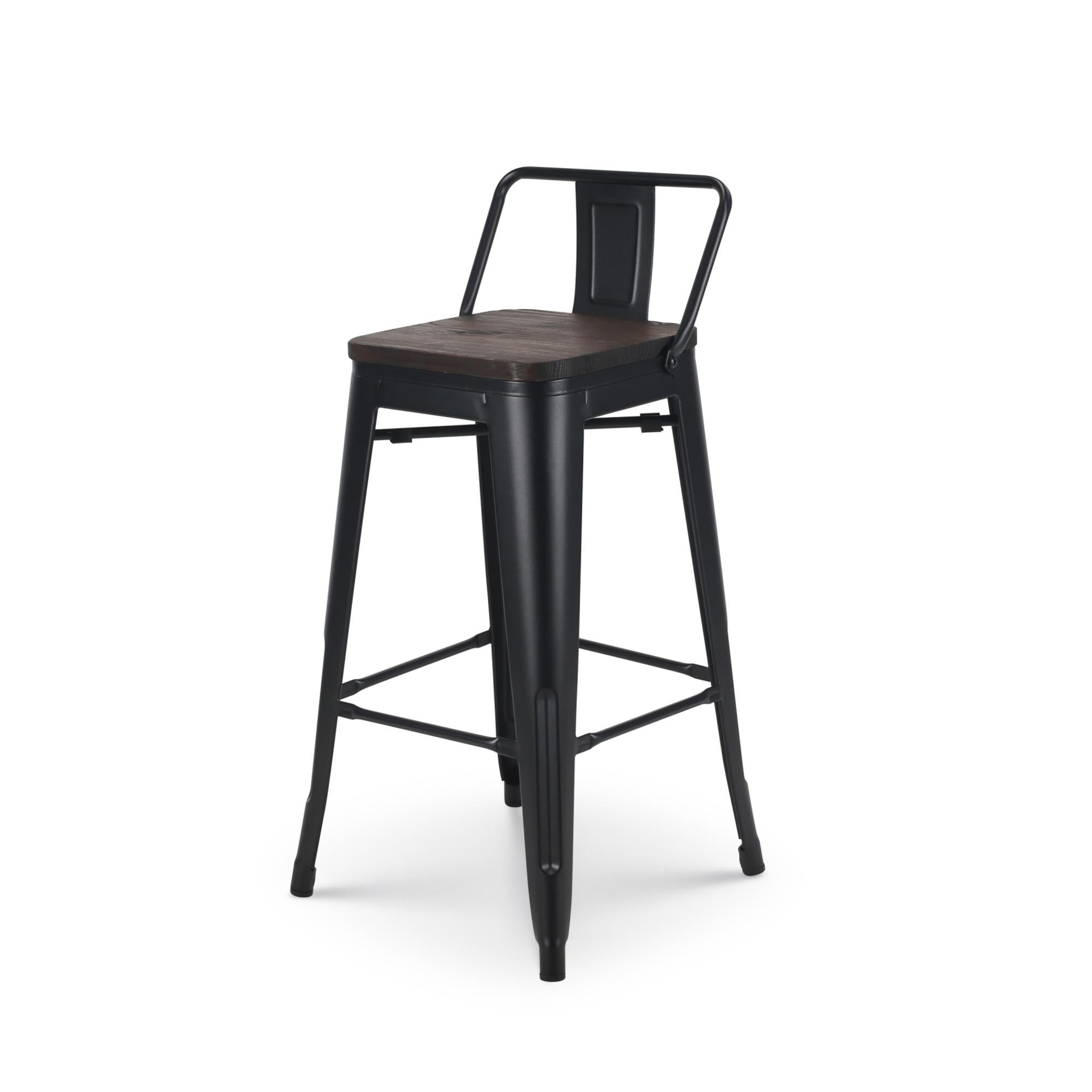 KOSMI - Tabouret de bar en métal noir mat et assise en bois foncé avec ...
