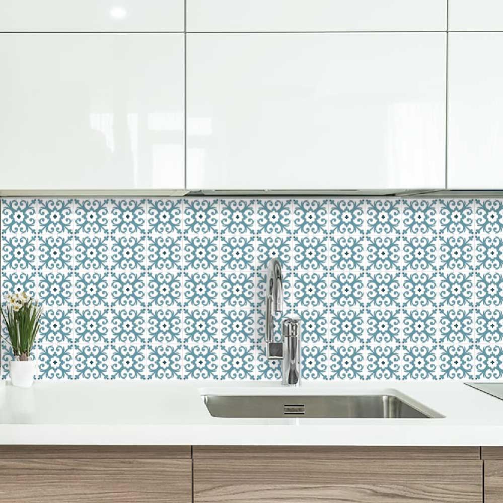 Crédence cuisine adhésive CLOVIS - Carreaux Ciment Bleu - L100 x H70 cm ...