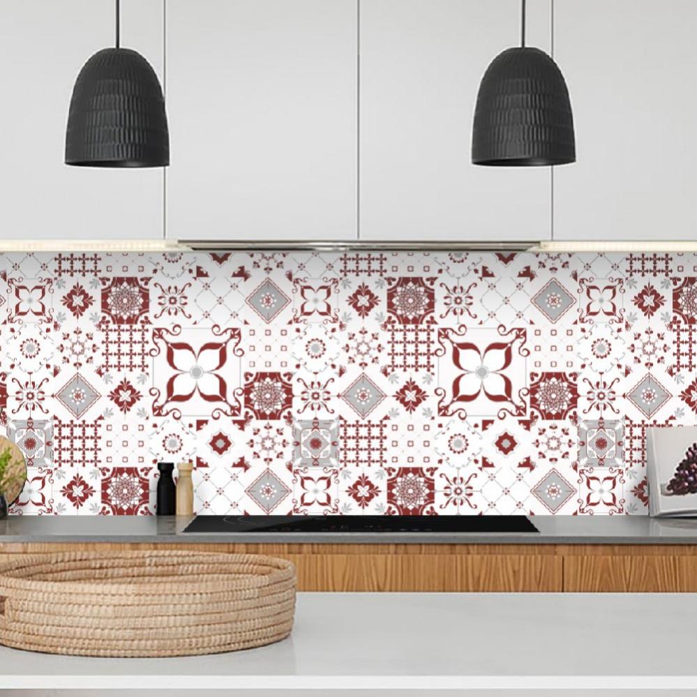 Crédence cuisine adhésive IRENE - Carreaux Ciment Rouge - L100 x H55 cm ...