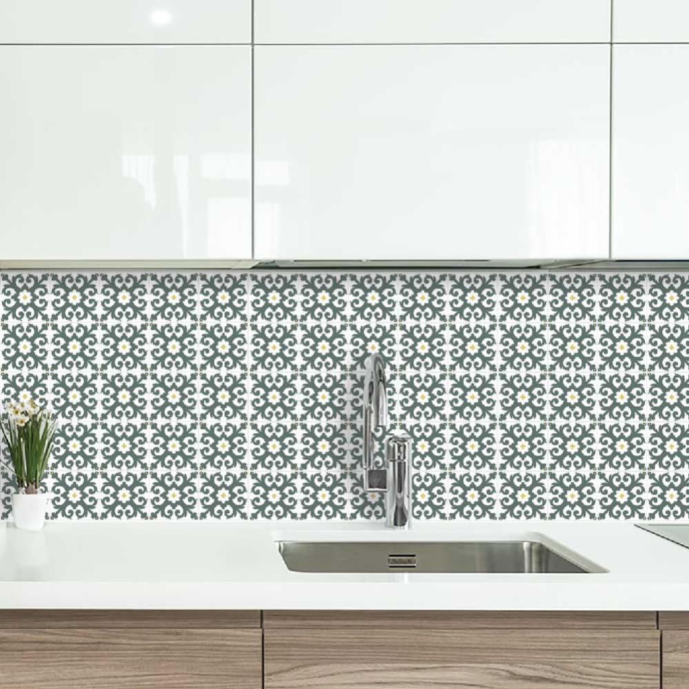 Crédence cuisine alu CLOVIS - Carreaux Ciment Vert - Fond de hotte L90 ...