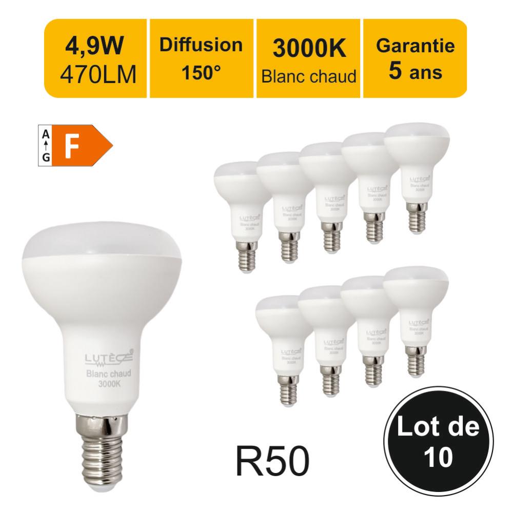 Lot de 10 ampoules LED E14 R50 4,9W (équiv. 40W) 470Lm 3000K - garantie 5 ans | Leroy Merlin