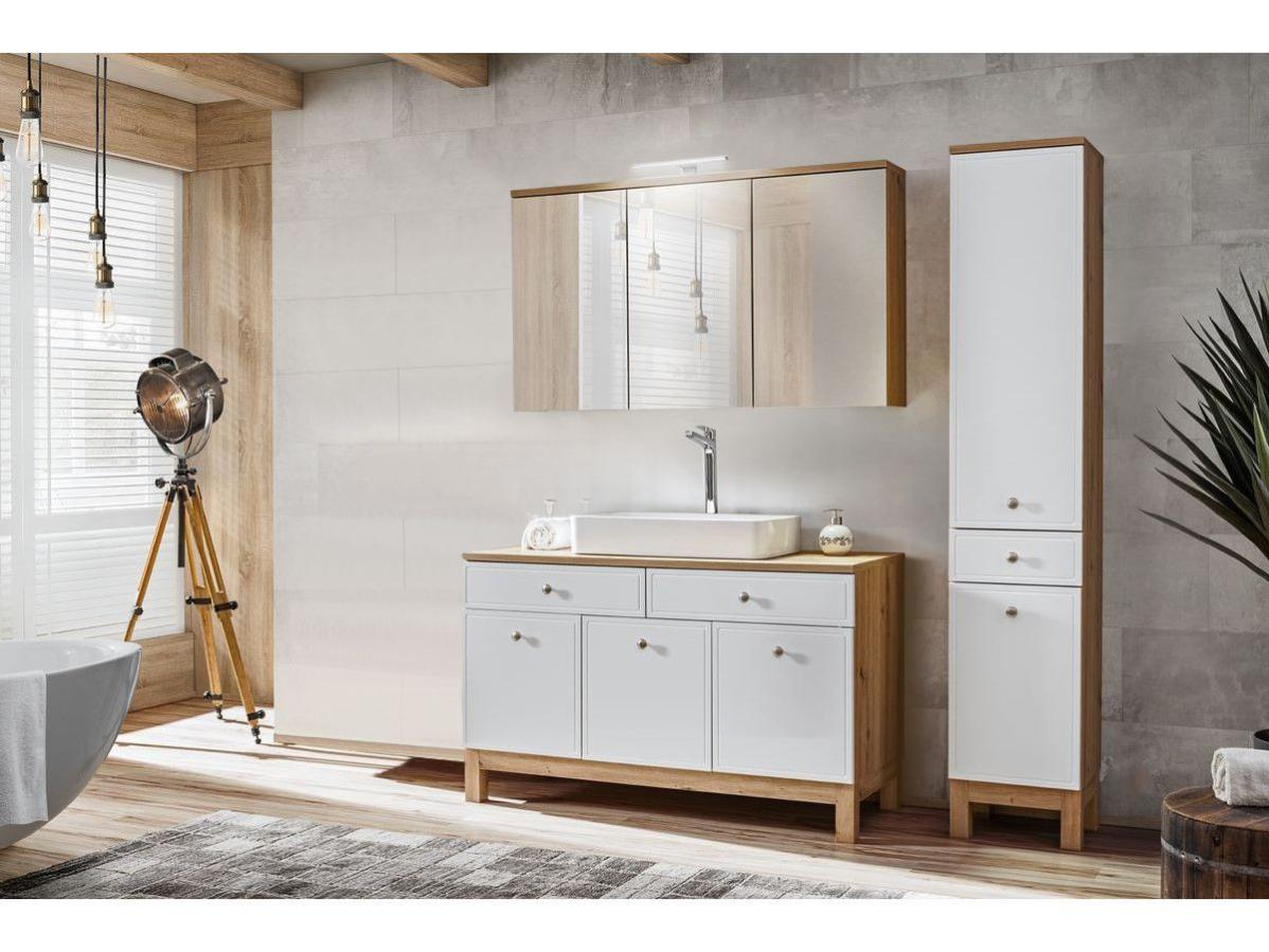 BOBOXS Ensemble de salle de bain 120 cm JANA avec colonne et meuble pharmacie blanc et chêne ...