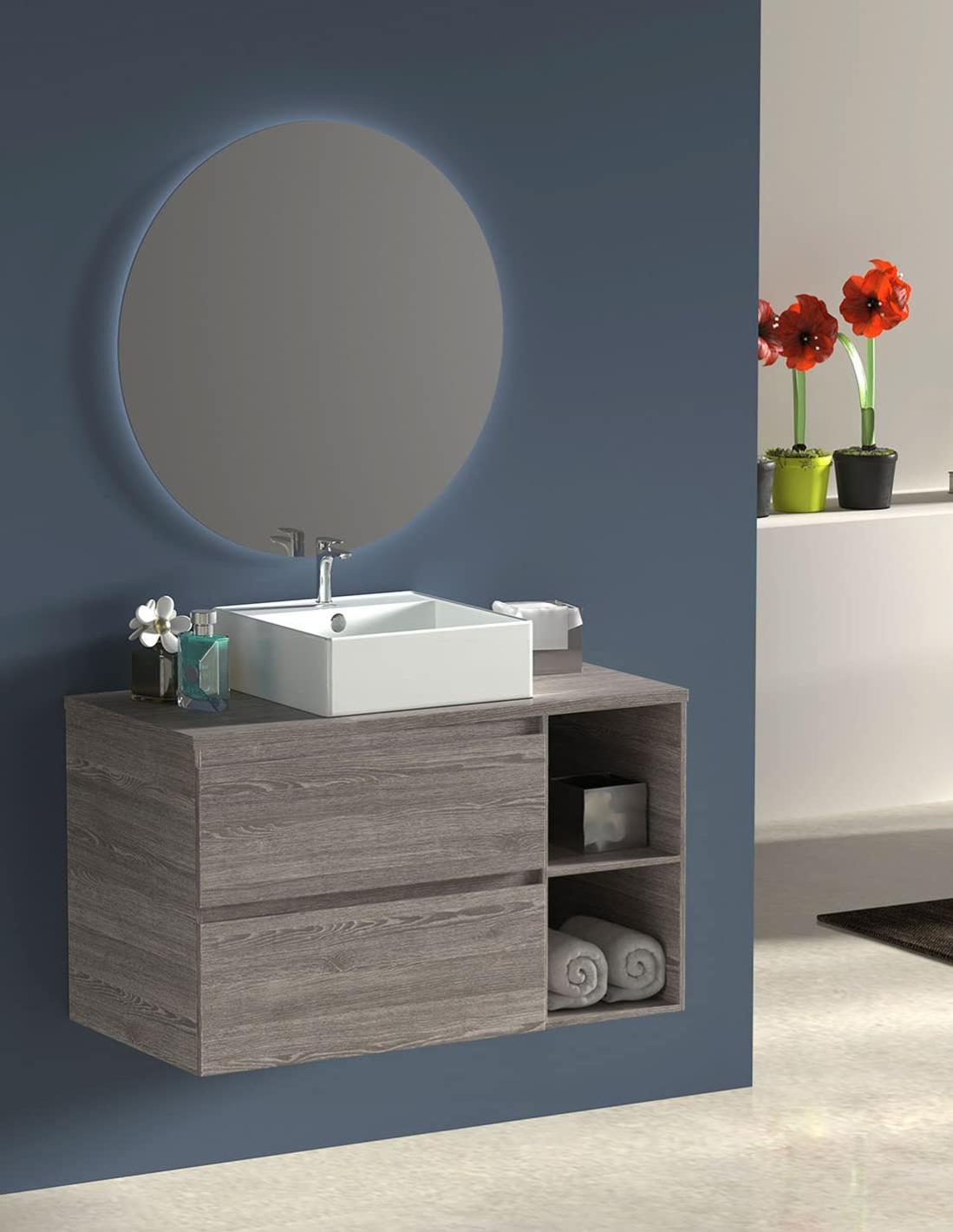 Set da bagno Zeus con mobili, specchio rotondo retroilluminato e Lavabo ...