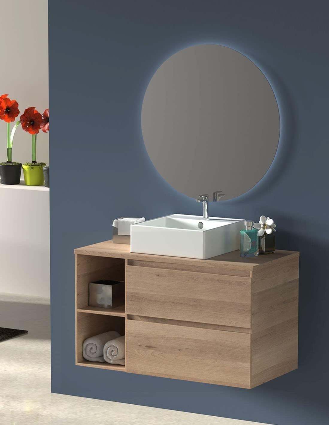 Set da bagno Zeus con mobili, specchio rotondo retroilluminato e Lavabo ...