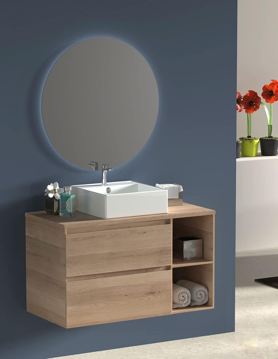 Set da bagno Zeus con mobili, specchio rotondo retroilluminato e Lavabo ...